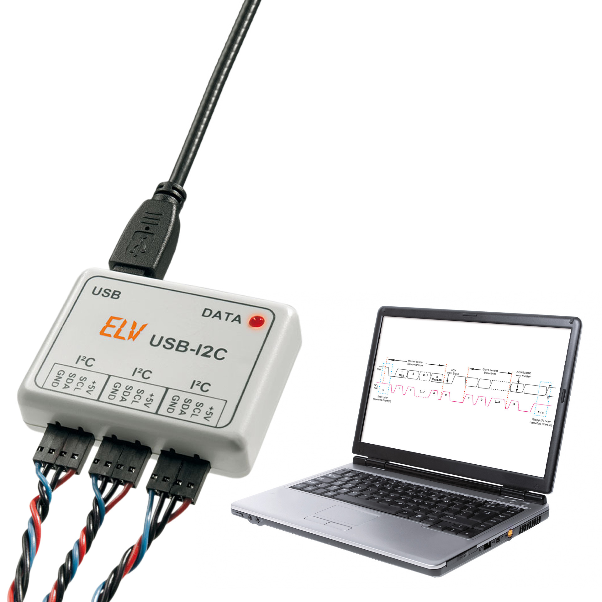 ELV USB-I2C-Interface,Komplettbausatz inkl. Gehäuse,bearbeitet und bedruckt,USB-Kabel,3 ...